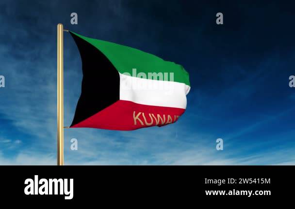 Kuwait flag slider style with title. Waving in the wind with cloud ...