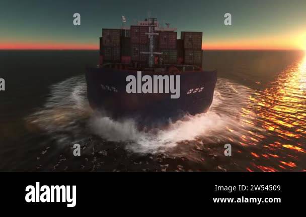 Cargo ship with containers sailing in the open sea, sunset- Front view ...