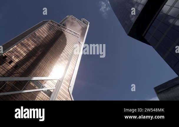 Modern office buildings with glass facade. Action. Bottom view of new ...