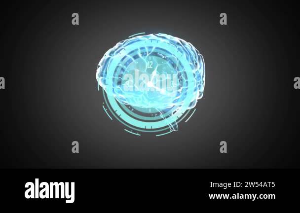 Digital animation of human brain spinning over neon digital clock ...