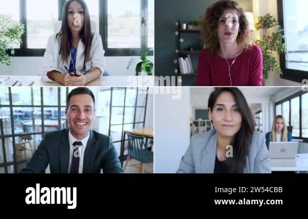 Video of headshot screen application view of diverse employees working ...
