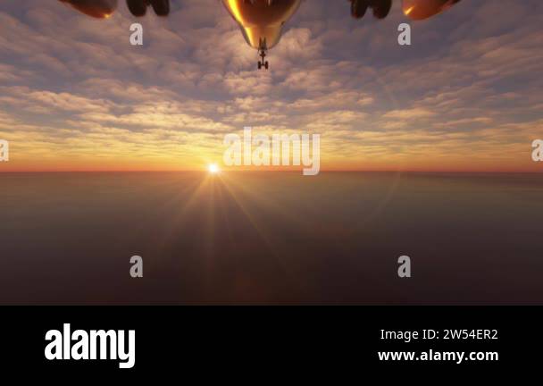 Airplane retracts its landing gears as it flies away over the ocean. 18 ...