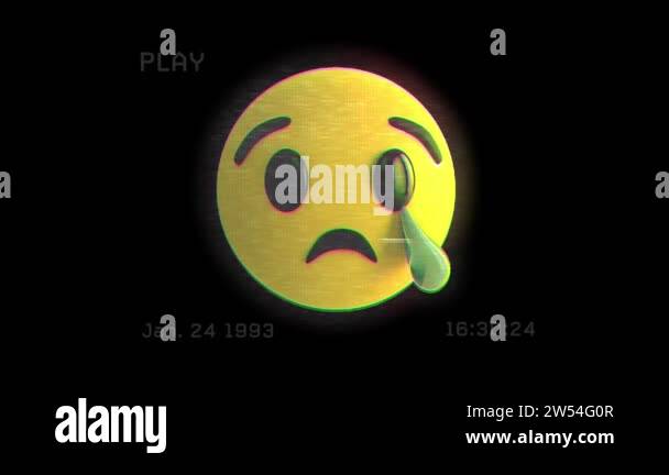 Digital animation of glitch effect over crying face emoji against black ...