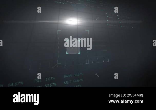 Animation of a white QR code scanning over statistics and graphs rolling on black background ...