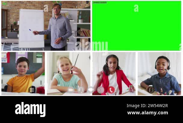 Animation of green screen and video screens of diverse teacher and four ...