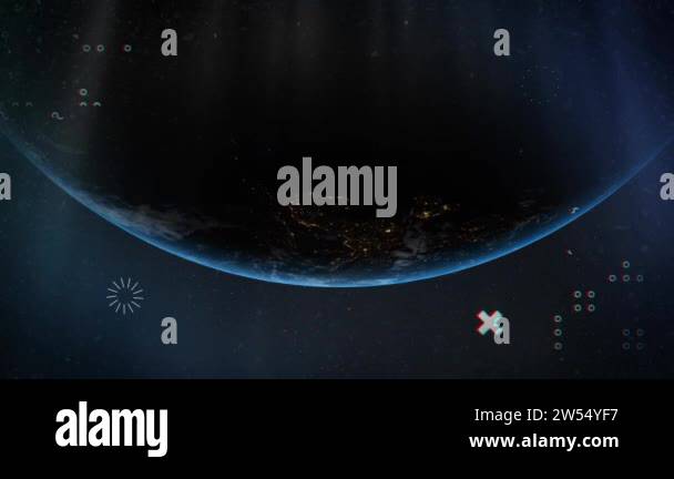Animation of rows of flickering dots and markers over planet earth. global data processing ...