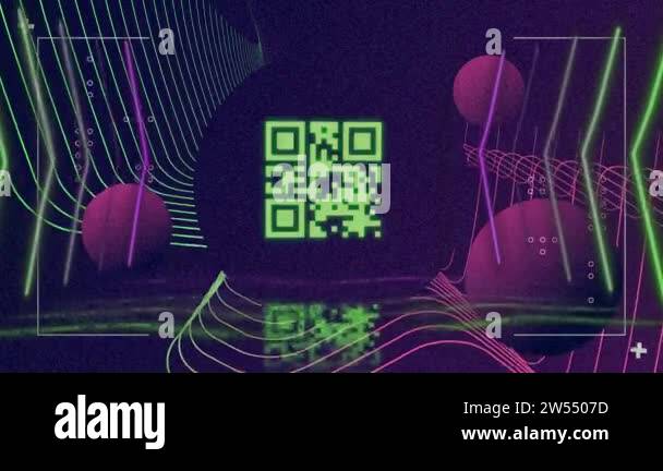 Animation of glowing green QR code with green and purple neon elements with purple spheres on ...