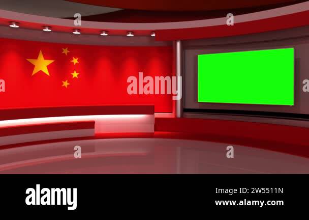 TV studio. Chinese flag background. News studio. Loop animation ...