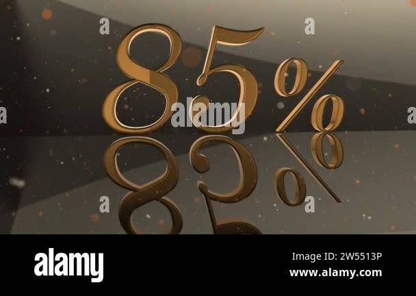 Gold numbers 85% on a mirror surface surrounded by flying round small ...