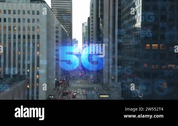 5G Icon - wireless mobile connection spreading between city high rise buildings - 3d render ...