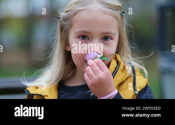 Portrait of a lovely little girl holds a clover flower in his hands ...