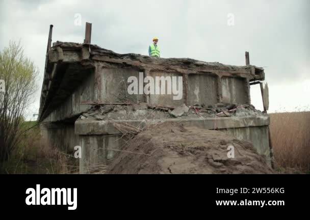 Bridge collapse. Destruction of structures across river with collapse ...