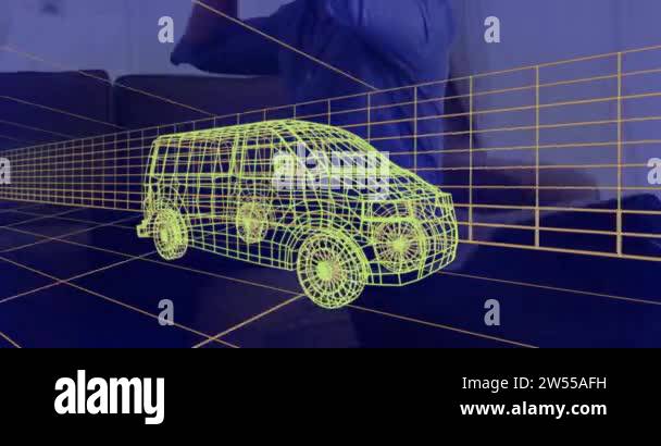 Animation of 3d technical drawing of van, over man at home wearing vr ...