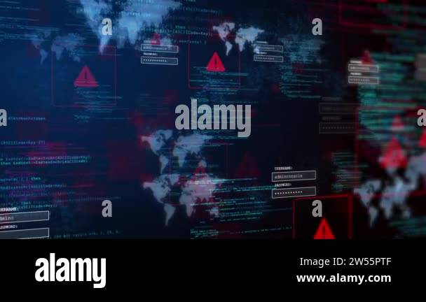 Animation of computer windows folder source code and text alert sign ...