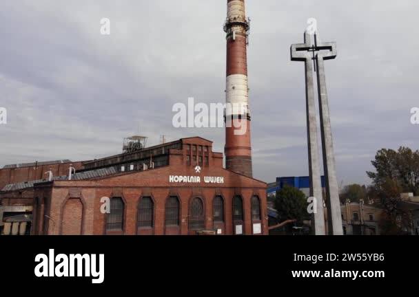Arial view on Front of brick main building of historical coal mine ...