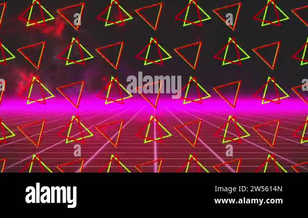 Animation of rotating green and red triangles over pink grid and ...