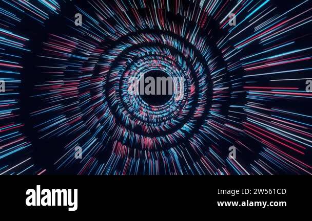 Abstract vortex of blue and red circles spinning on black background ...