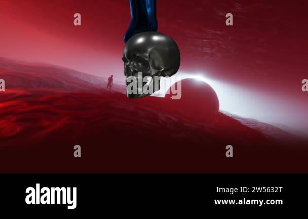 Purple liquids drops falling on human skull with sci -fi landscape in ...