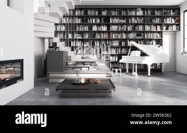 Modern library interior design. Modern bright living room with black ...