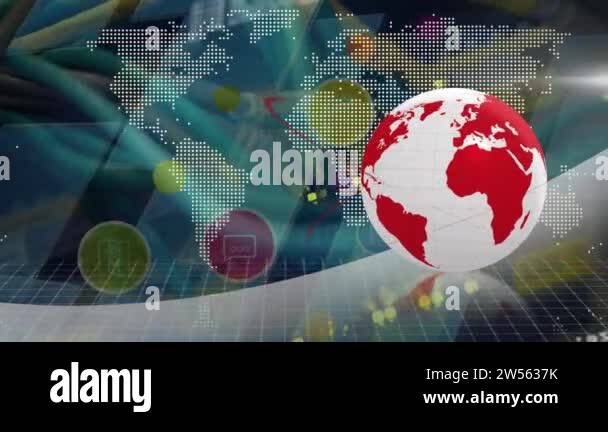 Spinning globe and world map against multiple digital icons and data ...