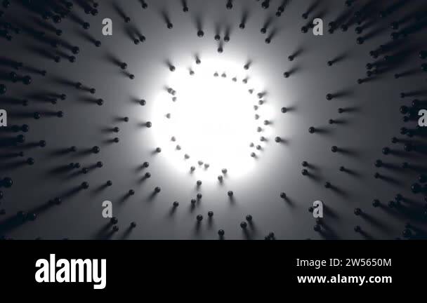 Gathering of black spheres to the center light animation. Attraction of ...