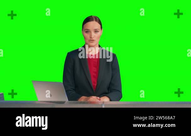 Female Newscaster Talking Green Screen Background News Studio Stock ...