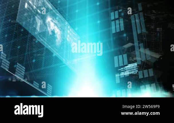 Animation of data processing on screen over cityscape. global data processing, digital interface ...