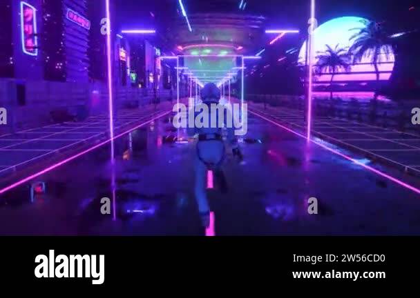 Astronaut running in neon city in cyberpunk style. Retro wave 80s ...