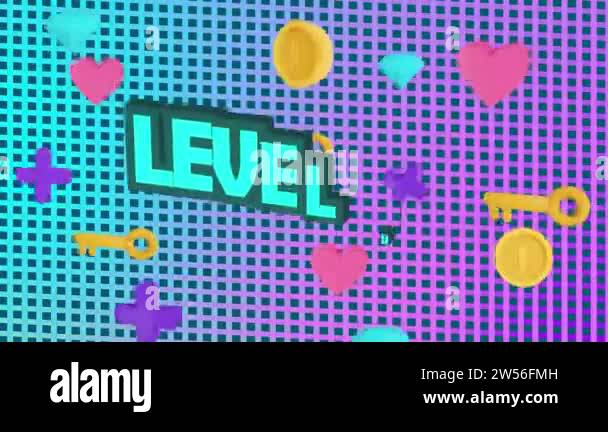 Digital animation of level up text over diamond, keys and heart icons ...