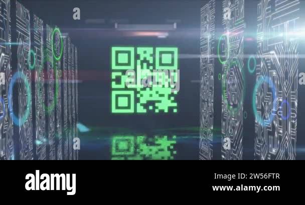 Animation of glowing QR code with blue and green neon elements and computer circuit boards on ...