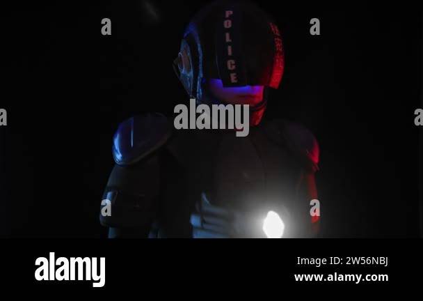 Cyberpunk concept, future world. Police officer cop, halfman bionic ...