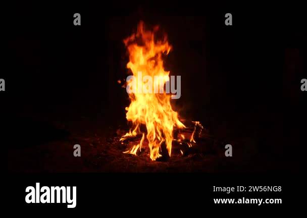 Fire flames lit burns. A real flame lit up against a black background ...