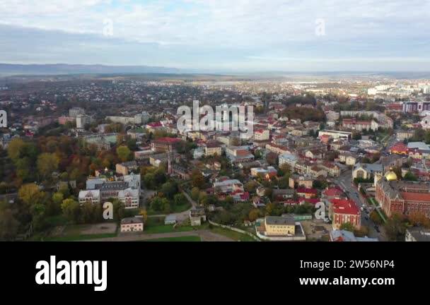 Aerial cityscape with view of downtown of Drohobych city. Old European ...