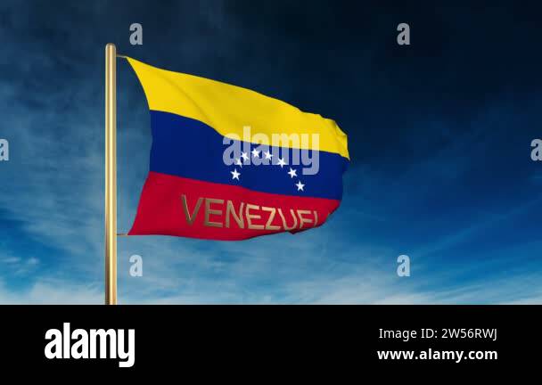 Venezuela flag slider style with title. Waving in the wind with cloud ...