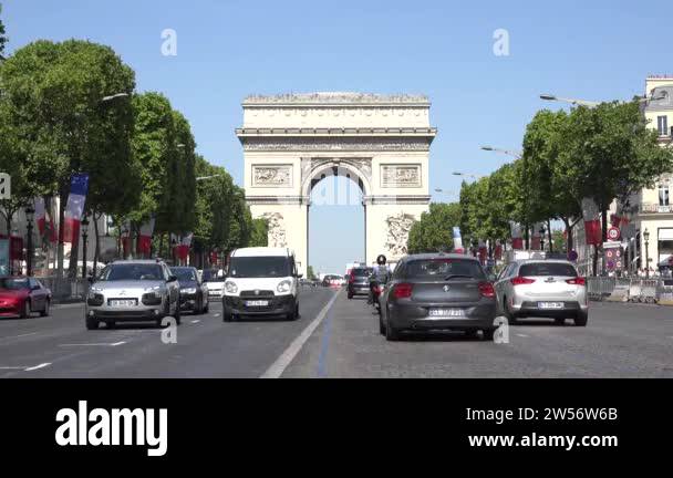 Paris Car Traffic on Champs Elysees by Triumph Arch, People Tourists ...