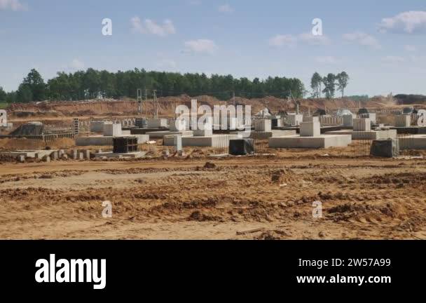 Video shot of pile field of industrial buildings at the construction ...