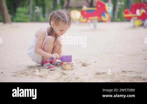 Little Girl Playing Sandbox Playground Digging Sand Shovel Building ...