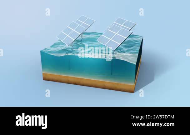 Solar panels on surface sea, ocean. Piece of land, sea in cross section ...