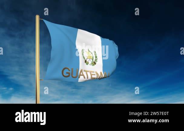 Guatemala flag slider style with title. Waving in the wind with cloud ...