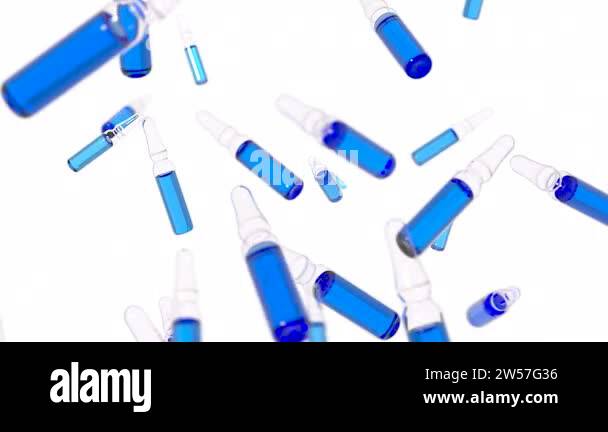 Rotating ampules with blue liquid. Vaccine vials spinning on white ...