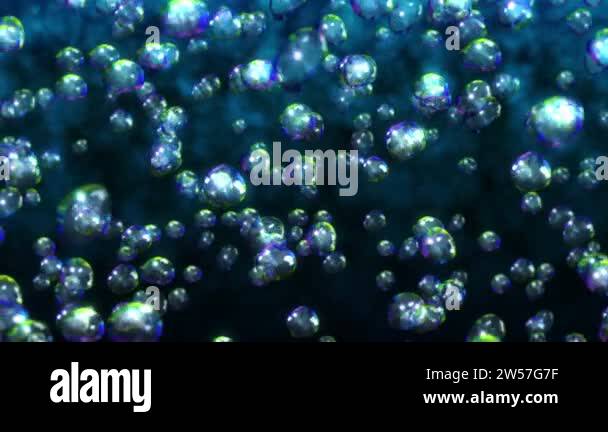 Flying many soap bubbles. Realistic water sphere with rainbow colors ...