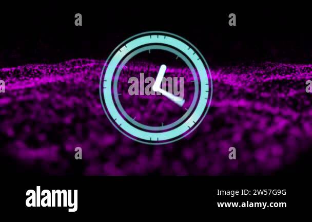 Digital animation of neon digital clock ticking against purple digital ...
