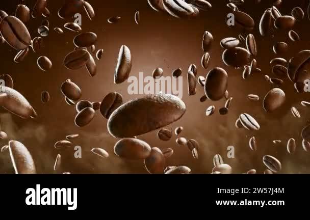 Roasted coffee beans with coffee dust falling down in front of dark and ...