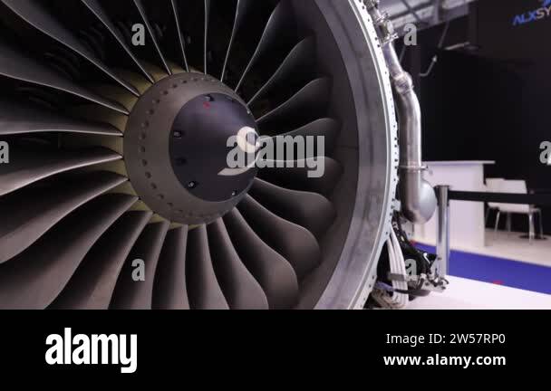 Modern turbofan engine. close up of turbojet of aircraft on black ...