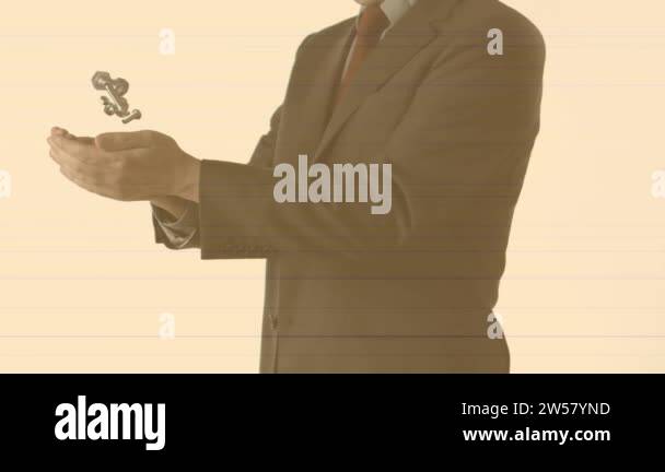 Animation of businessman throwing and catching nuts and bolts, on pale ...