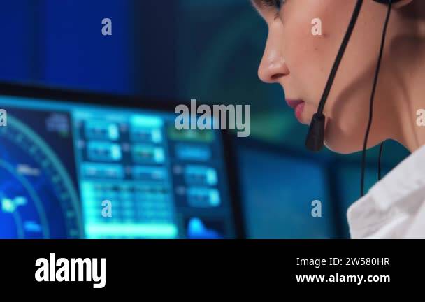 Workplace of the professional air traffic controller in the control ...