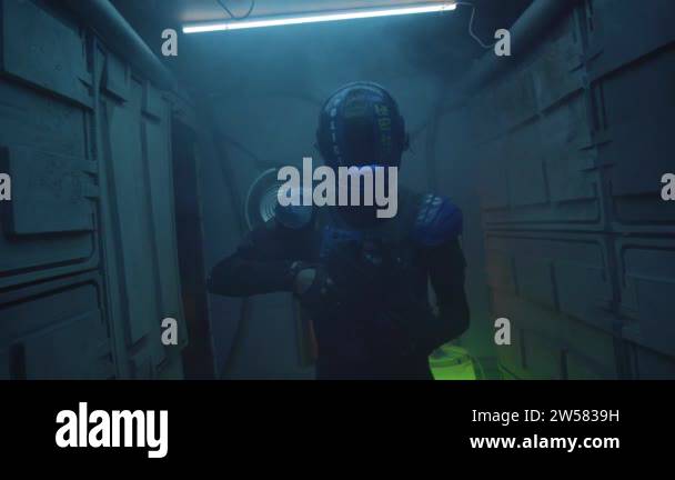 Cyberpunk concept, future world. Police officer halfman bionic cyborg ...