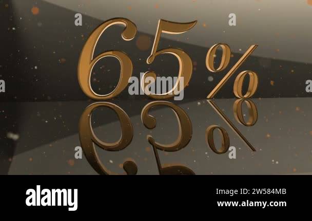 Gold numbers 65% on a mirror surface surrounded by flying round small ...