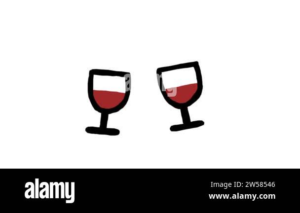 Two glasses of red wine are clinking. Hand drawn cartoon concept ...