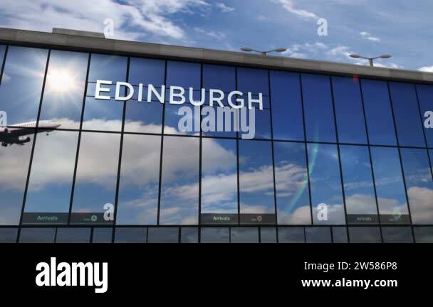 Jet aircraft landing at Edinburgh, Scotland 3D rendering animation ...